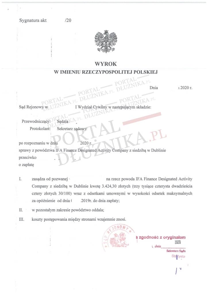 Pozwy IFA Finance Designated Activity Company i korzystne wyroki